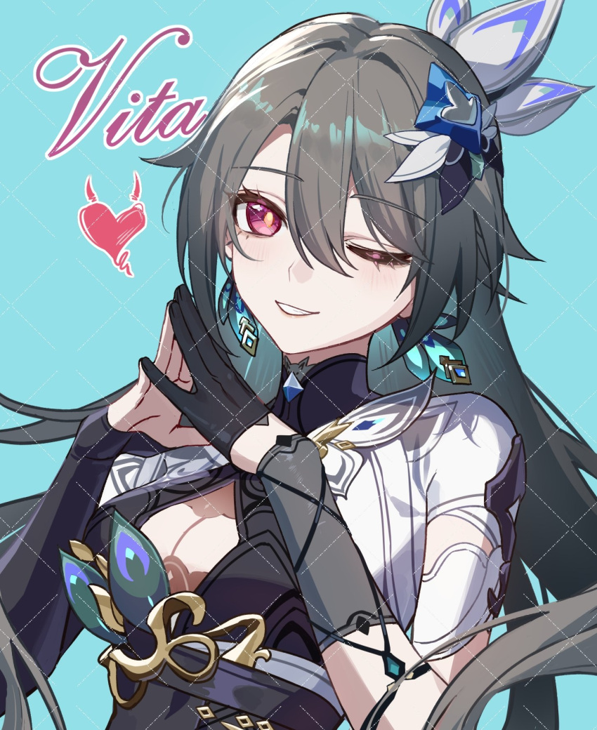 Safebooru - 1girl belt bird black dress black gloves blinking blue background breasts brown hair ...