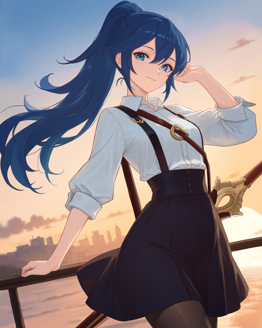 Safebooru - 1girl absurdres black skirt blue eyes blue hair breasts closed mouth collared shirt ...