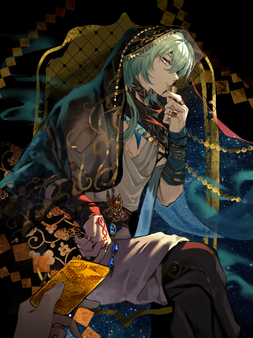 Safebooru - 1boy absurdres anaxa (honkai: star rail) aqua eyes aqua hair arm rest chinese ...