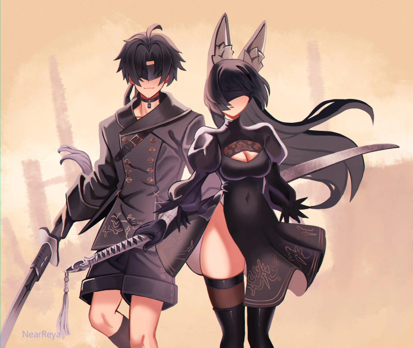 Safebooru - 1boy 1girl animal ears asaba harumasa cosplay fox ears hoshimi miyabi long hair nier ...