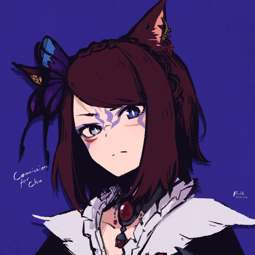 Safebooru - 1girl absurdres animal ears blue background blue eyes bright pupils brooch brown ...