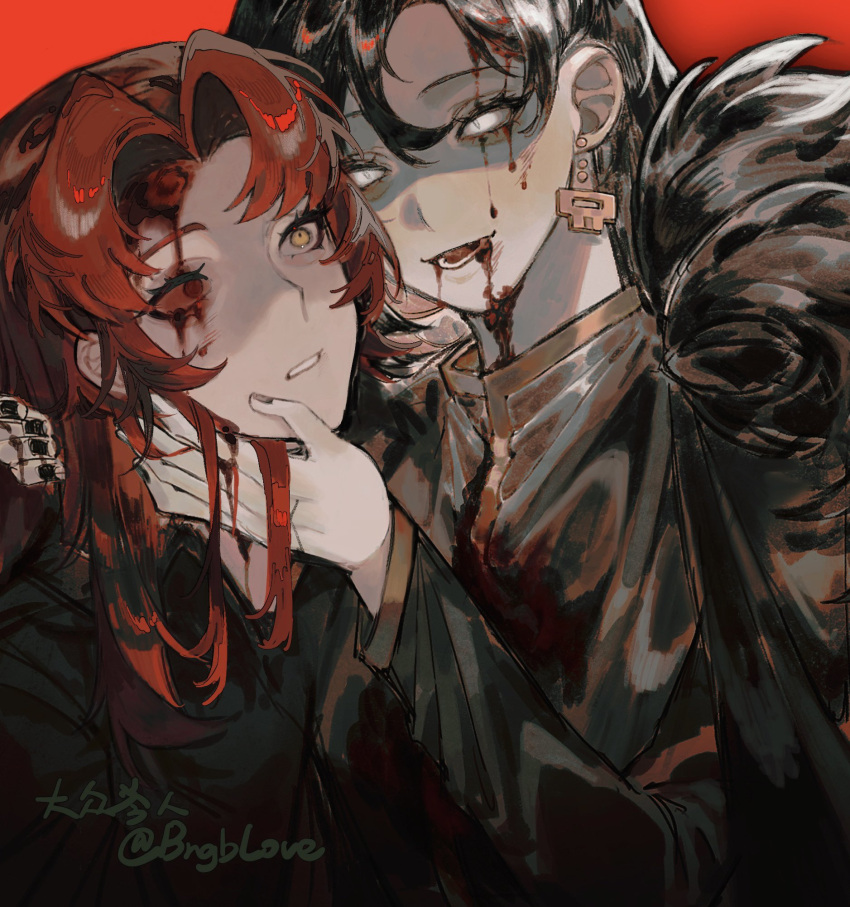 Safebooru - 2girls binah (project moon) black coat black dress black hair black shirt bleeding ...