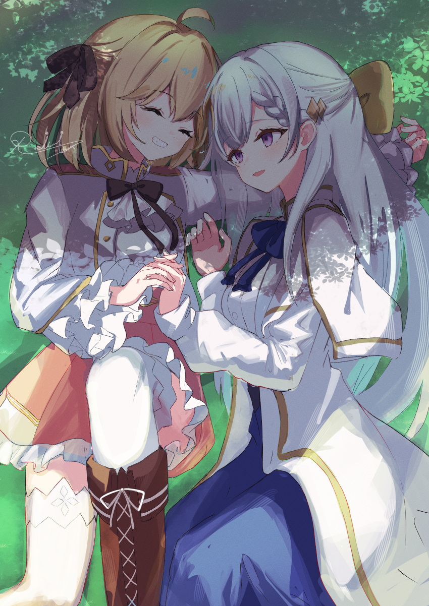 Safebooru - 2girls absurdres anisphia wynn palettia ascot black bow black bowtie black ribbon ...