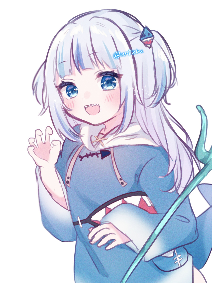 Safebooru - 1girl :d blue eyes blue hair blue hoodie blue streaks blunt bangs blush claw pose ...