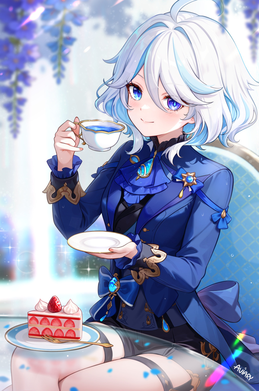 Safebooru - 1girl absurdres ahoge ascot aviary black shorts blue ascot blue eyes blue hair blue ...