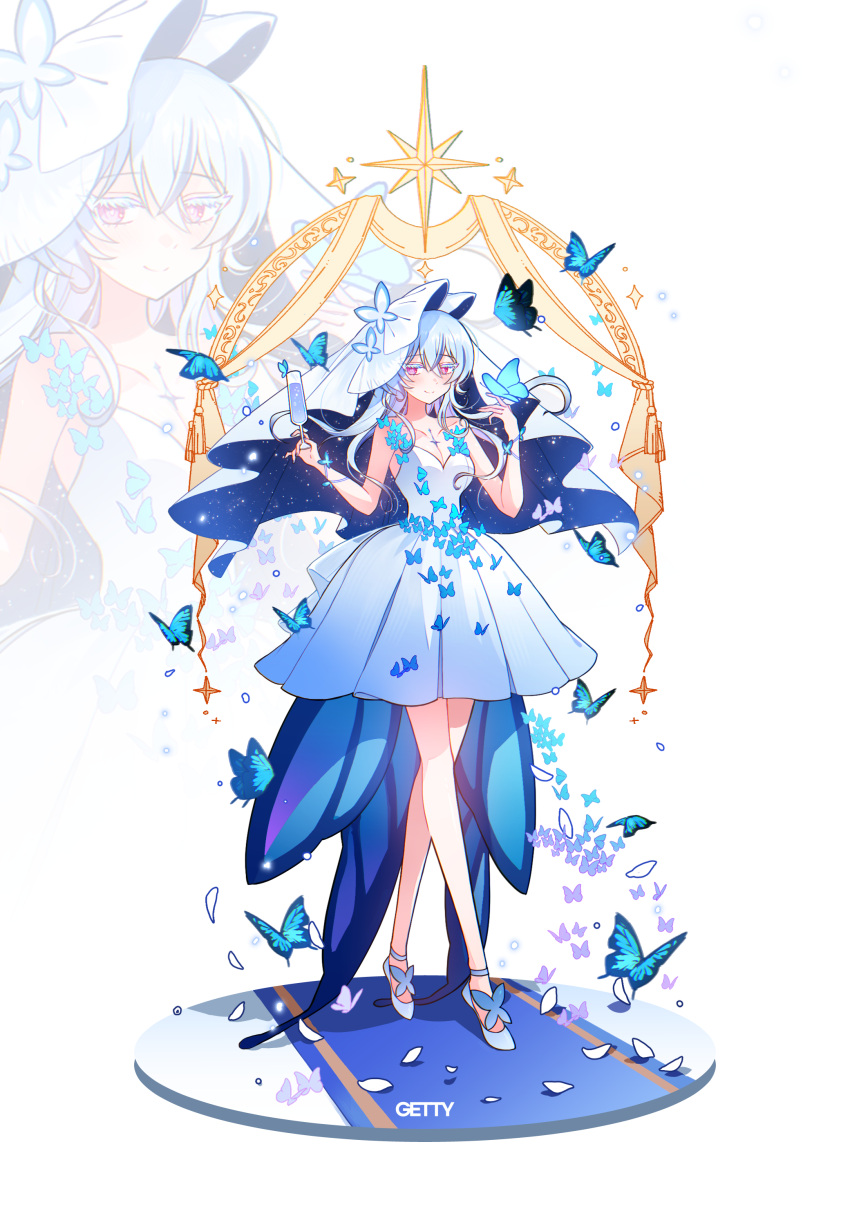 Safebooru - 1girl absurdres bare shoulders blue butterfly blue hair blue veil blush breasts bug ...