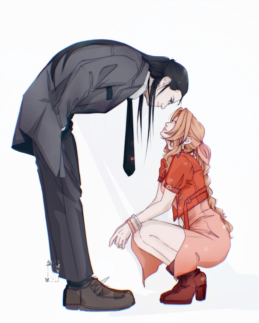 Safebooru - 1boy 1girl absurdres aerith gainsborough bangle bent over black hair black necktie ...