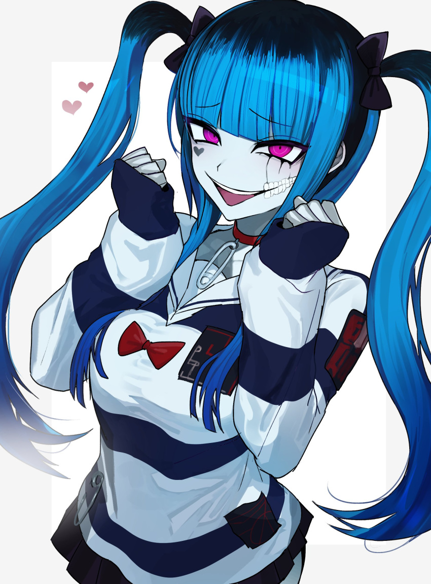 Safebooru - 1girl absurdres amemiya darumi arms up black bow black hair blue hair blue shirt ...