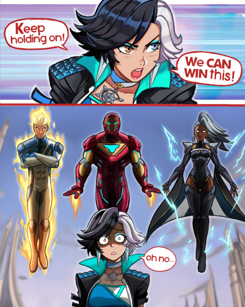 Safebooru - 2boys 2girls arc reactor armor avengers (series) black hair blue eyes breasts choker ...