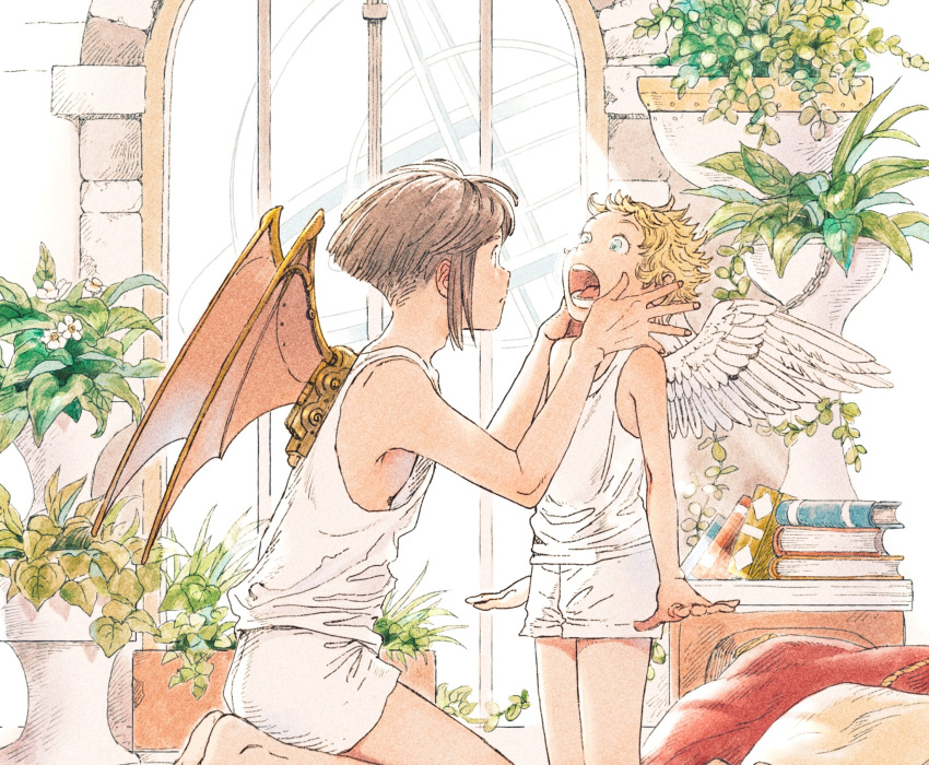 Safebooru - 2others androgynous angel wings artificial wings blonde hair blue eyes book book ...