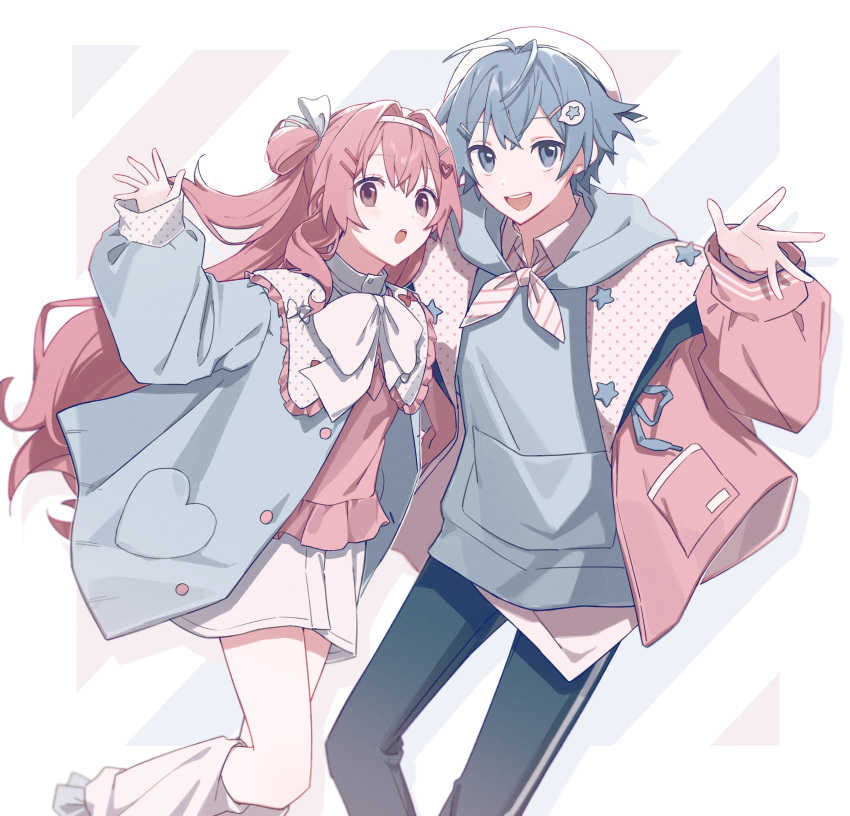 Safebooru - 1boy 1girl :d :o absurdres antenna hair beret bishounen black pants blue coat blue ...