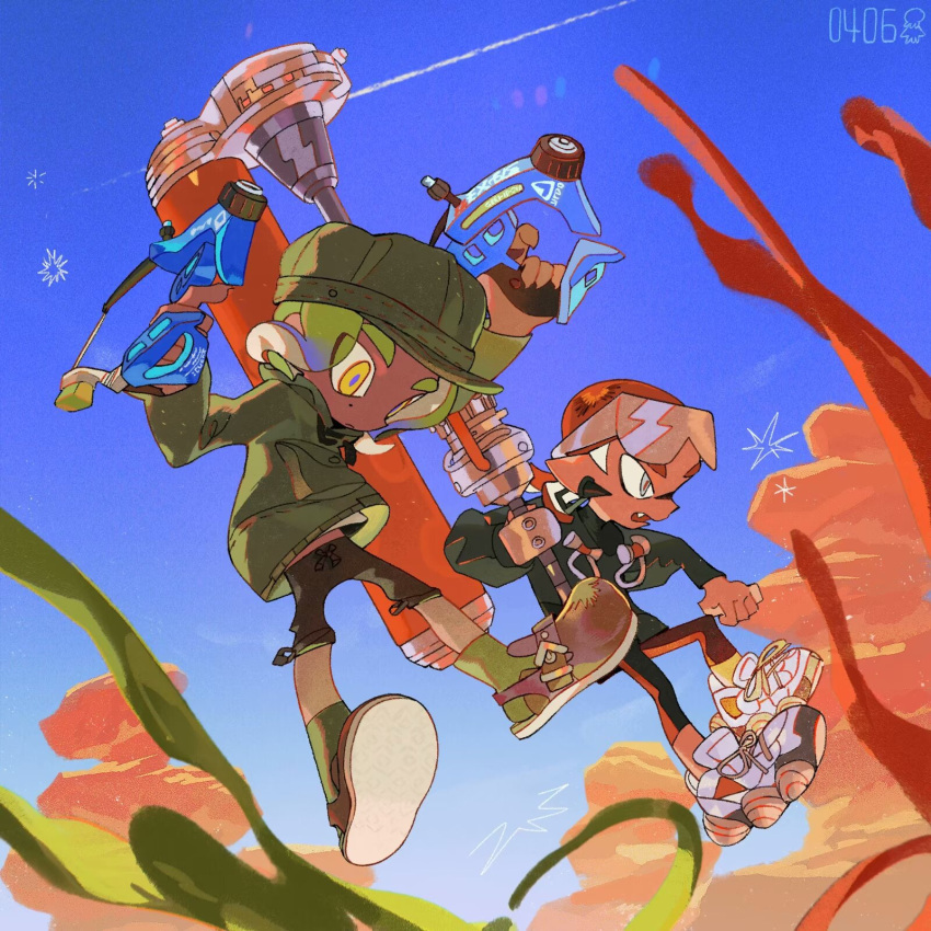 Safebooru - 2boys arms up bakori514 (h akka) black leggings black ...