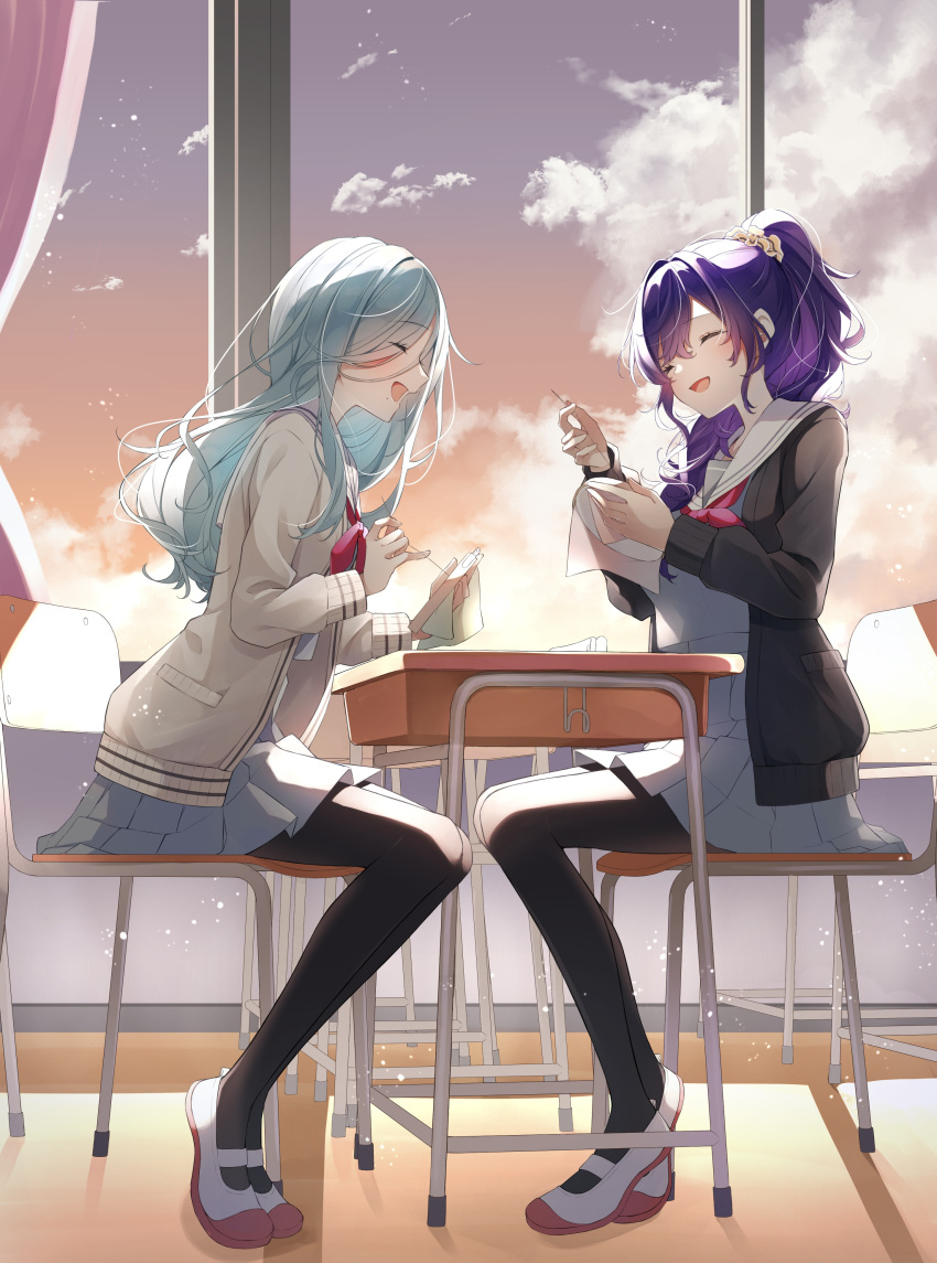 Safebooru - 2girls absurdres asahina mafuyu black cardigan blue hair brown cardigan cardigan ...