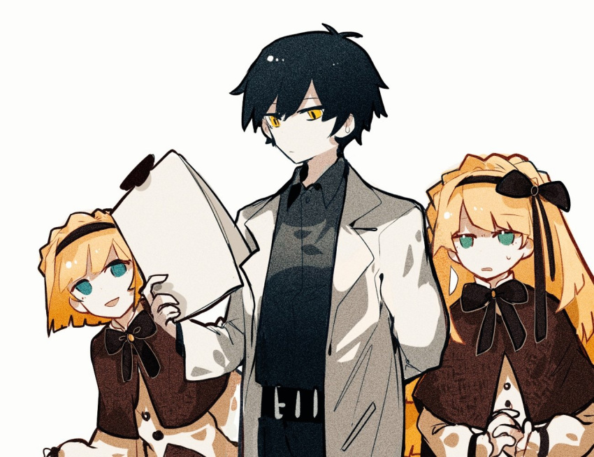 Safebooru - 1girl 2boys :d aislan ayin (project moon) black bow black hairband black shirt ...