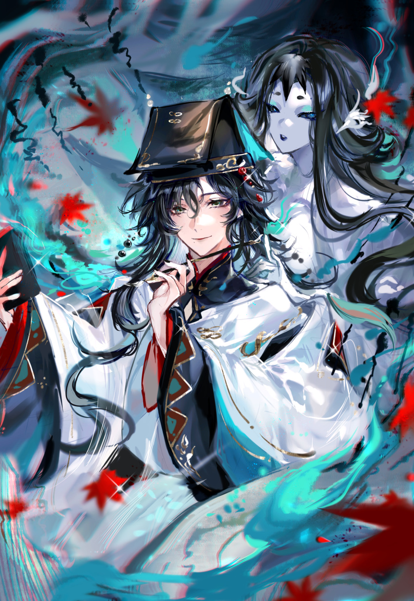 Safebooru - 1boy 1girl absurdres aqua eyeshadow aura black hair black hat black lips black nails ...