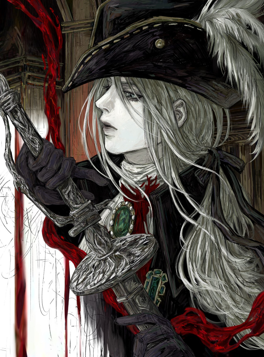 Safebooru - 00moonjuice 1girl ascot blood bloodborne blue eyes cape coat gem gloves hat hat ...