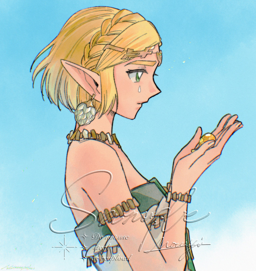 Safebooru - 1girl armlet artist name bare shoulders blonde hair blue background bracelet braid ...