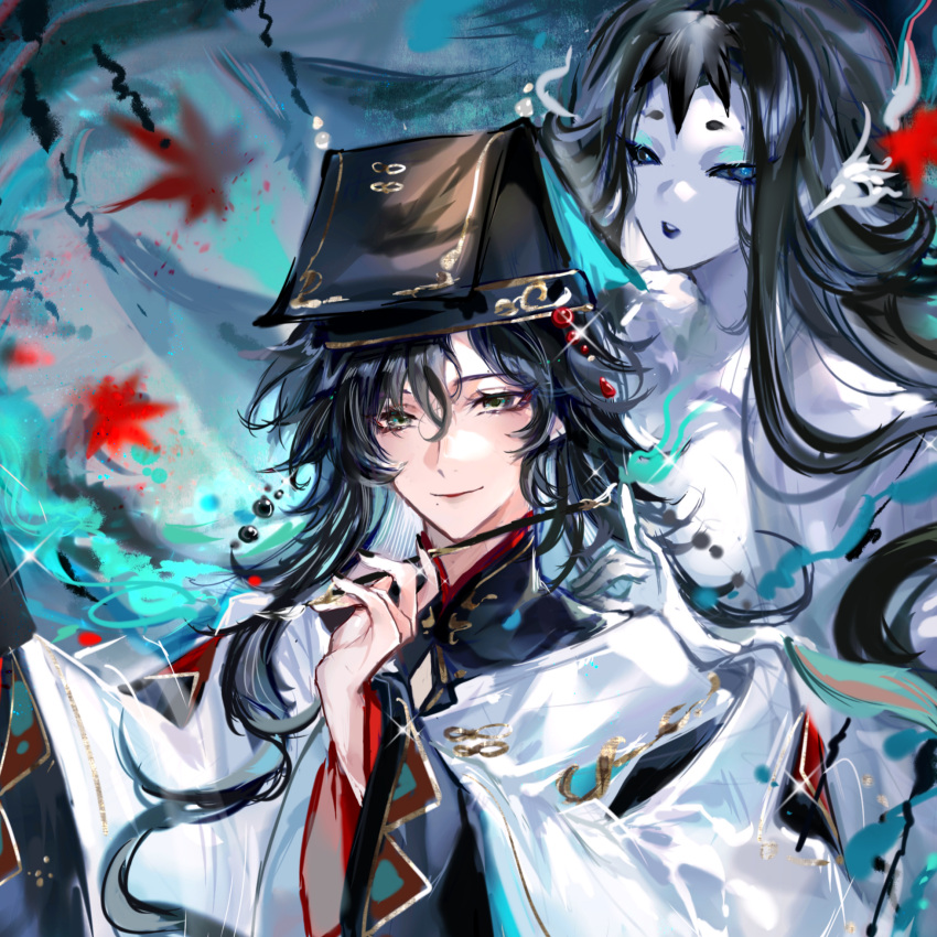 Safebooru - 1boy 1girl aqua eyeshadow aura black hair black hat black lips black nails black ...