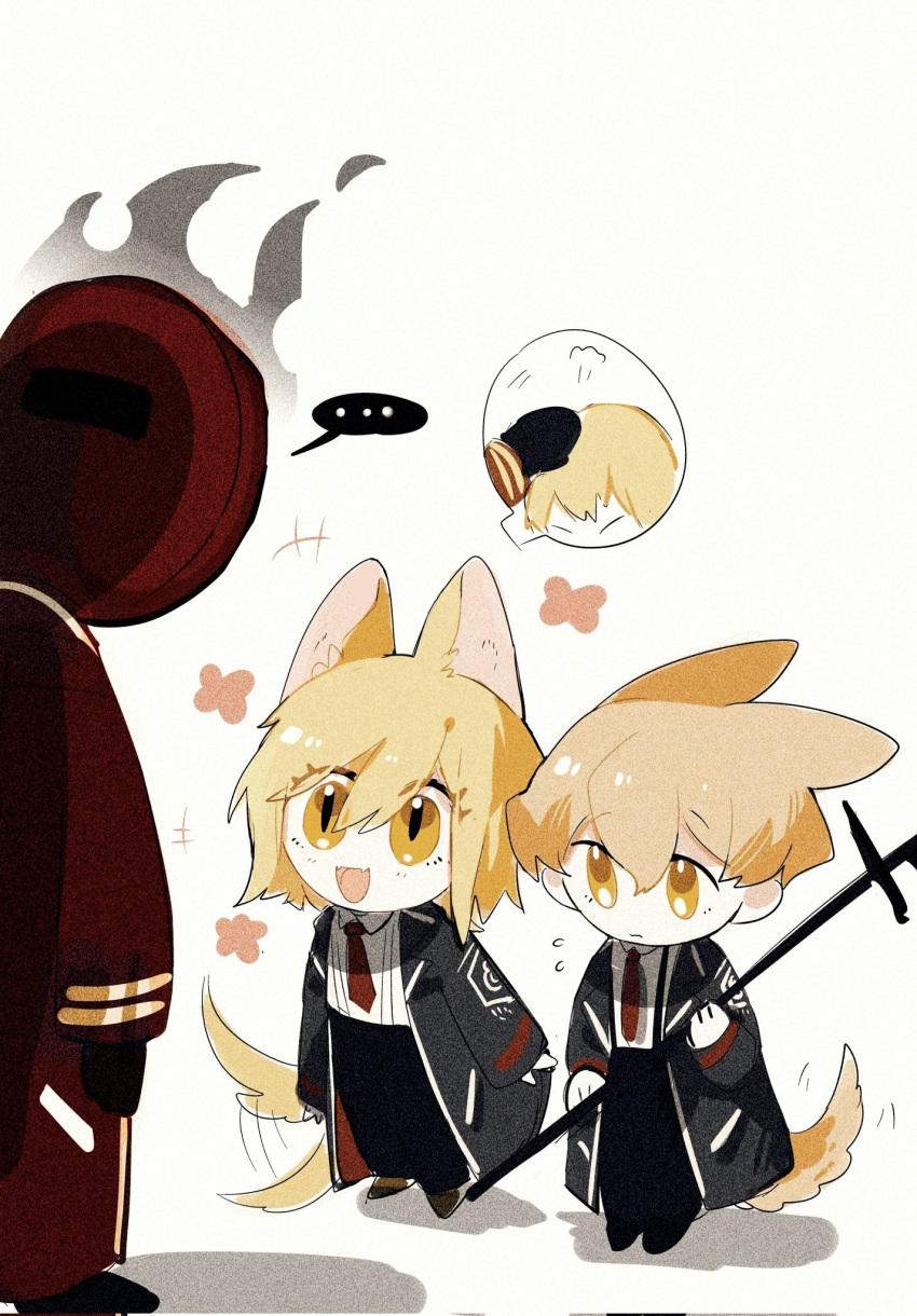 Safebooru - 1boy 1girl 1other :d aislan animal ears black coat black gloves black pants blonde ...