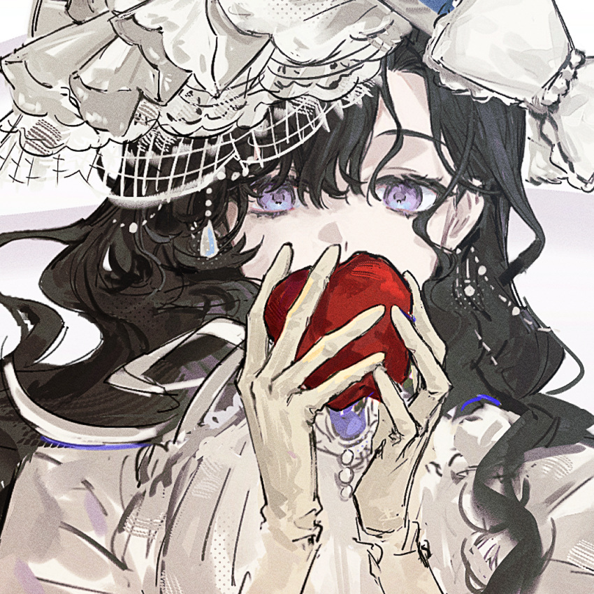 Safebooru - 1girl apple black hair covered mouth covering own mouth dress food fruit gloves ...