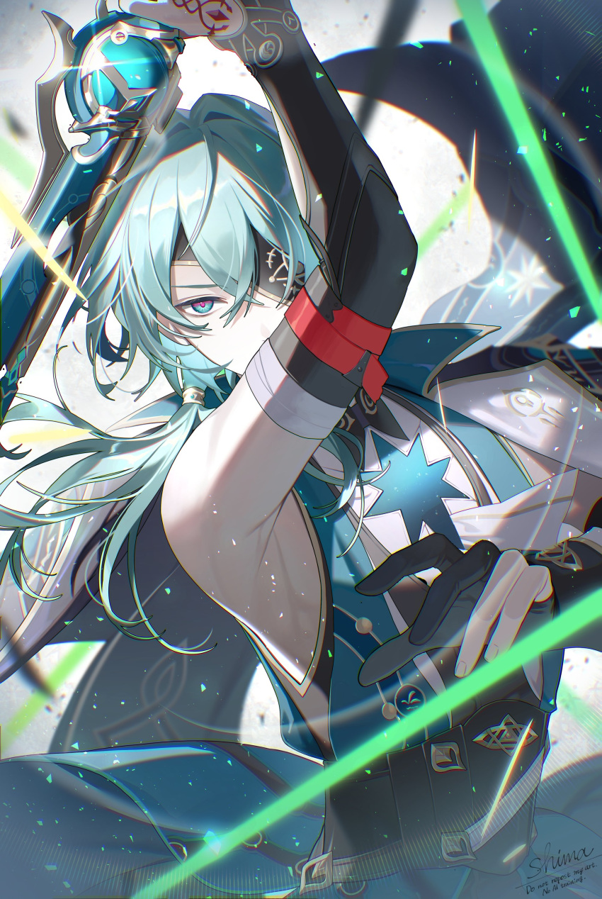 Safebooru - 1boy absurdres anaxa (honkai: star rail) aqua eyes bare shoulders eyepatch gloves ...