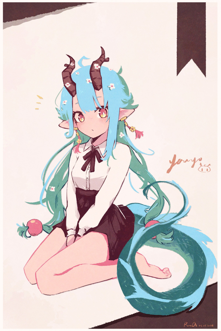 Safebooru - 1girl absurdres barefoot between legs black ribbon black skirt blue hair character ...