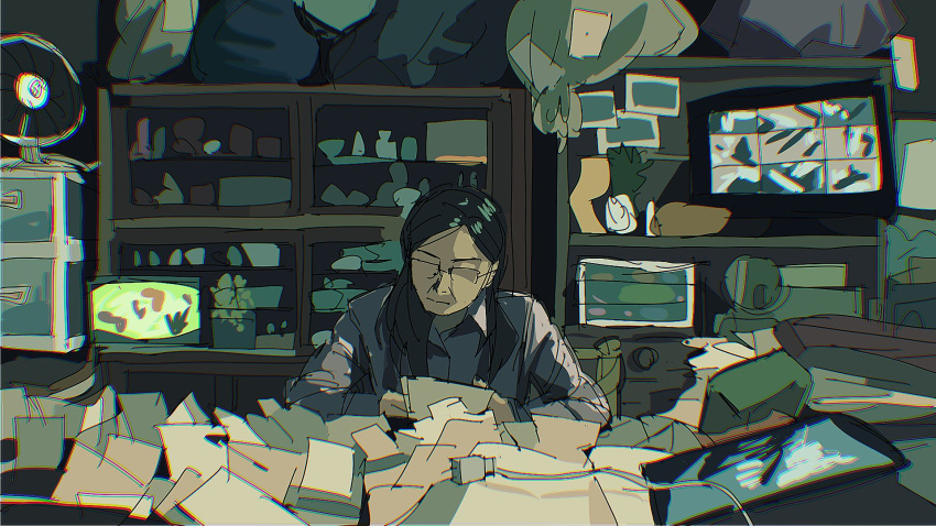 Safebooru - 1girl bag blue shirt chromatic aberration cyberseaurchin glasses green theme highres ...