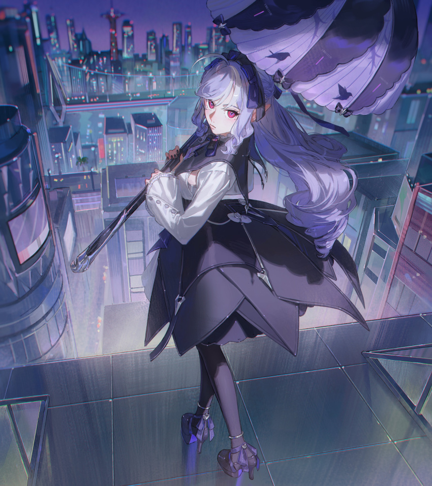 Safebooru - 1girl absurdres aki a0623 black nails bow bowtie building cityscape commentary ...