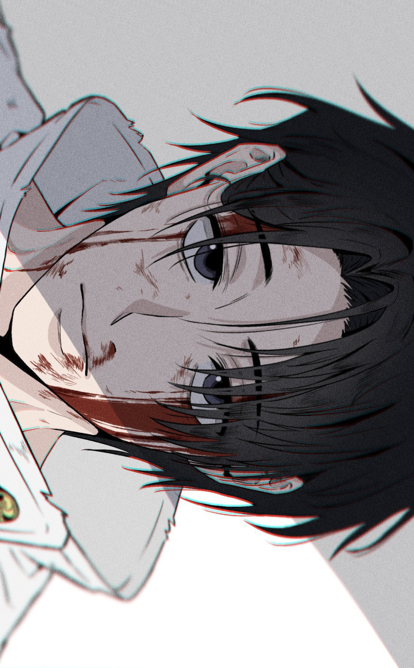 Safebooru - 1boy black hair blood blood on face blue eyes bruise bruise on face curtained hair ...