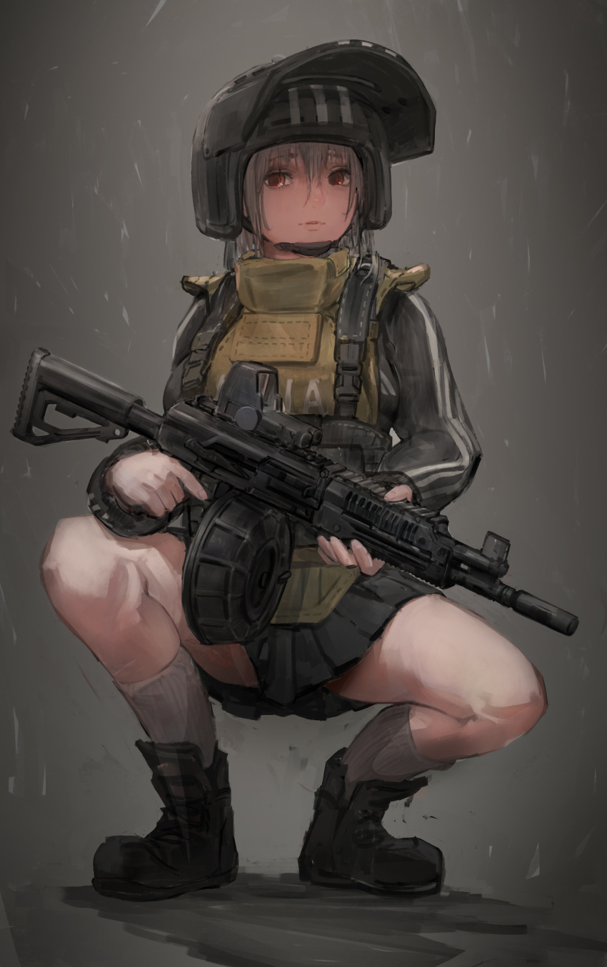 Safebooru - 1girl absurdres altyn helmet bulletproof vest combat helmet drum magazine grey hair ...