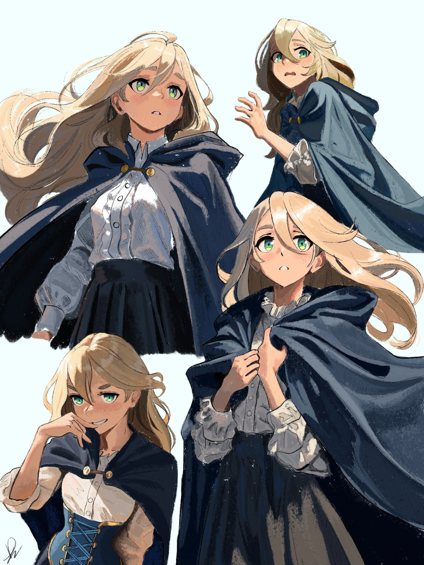 Safebooru - 1girl black skirt blonde hair blue cloak blue corset cloak corset green eyes grin ...