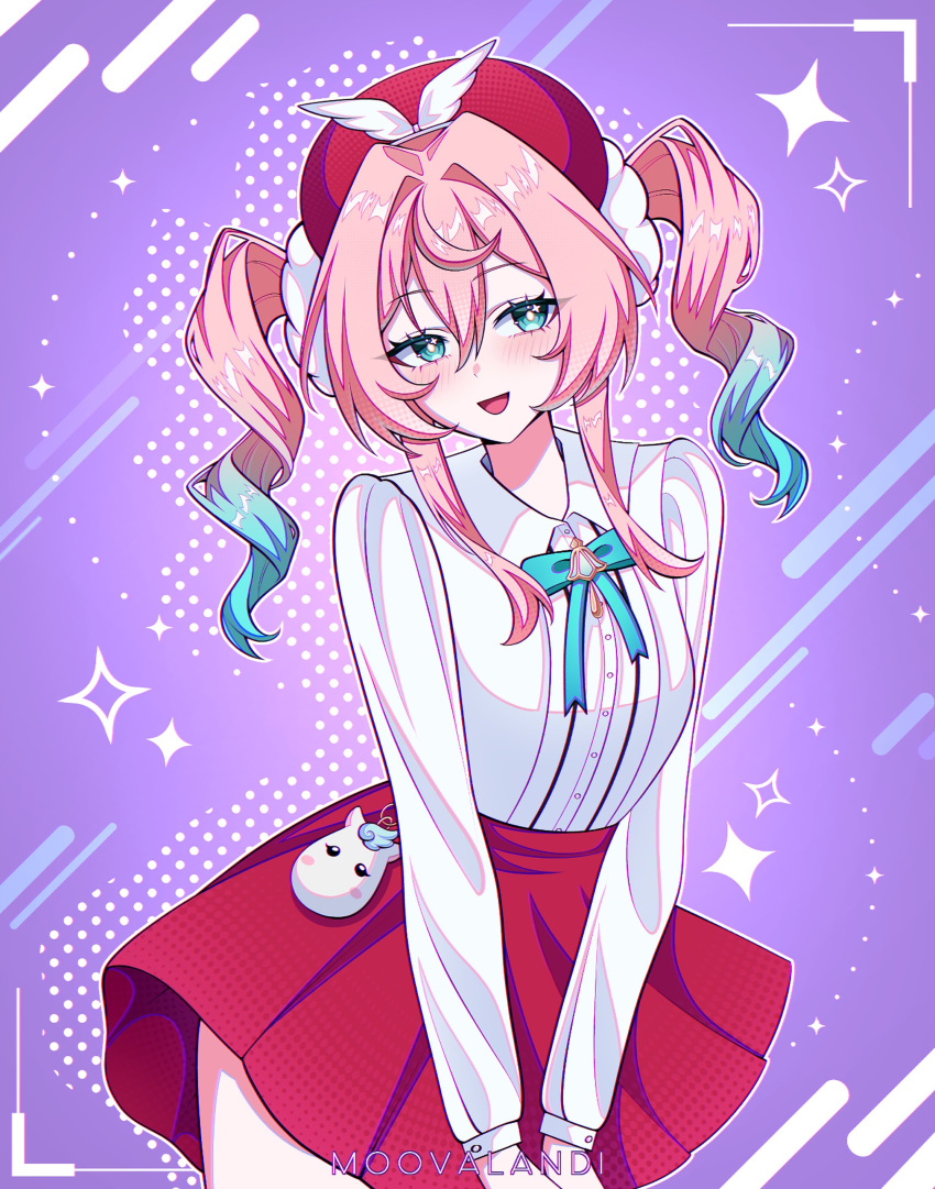 Safebooru - 1girl :d absurdres alternate costume aqua bow aqua eyes aqua hair beret bow drill ...