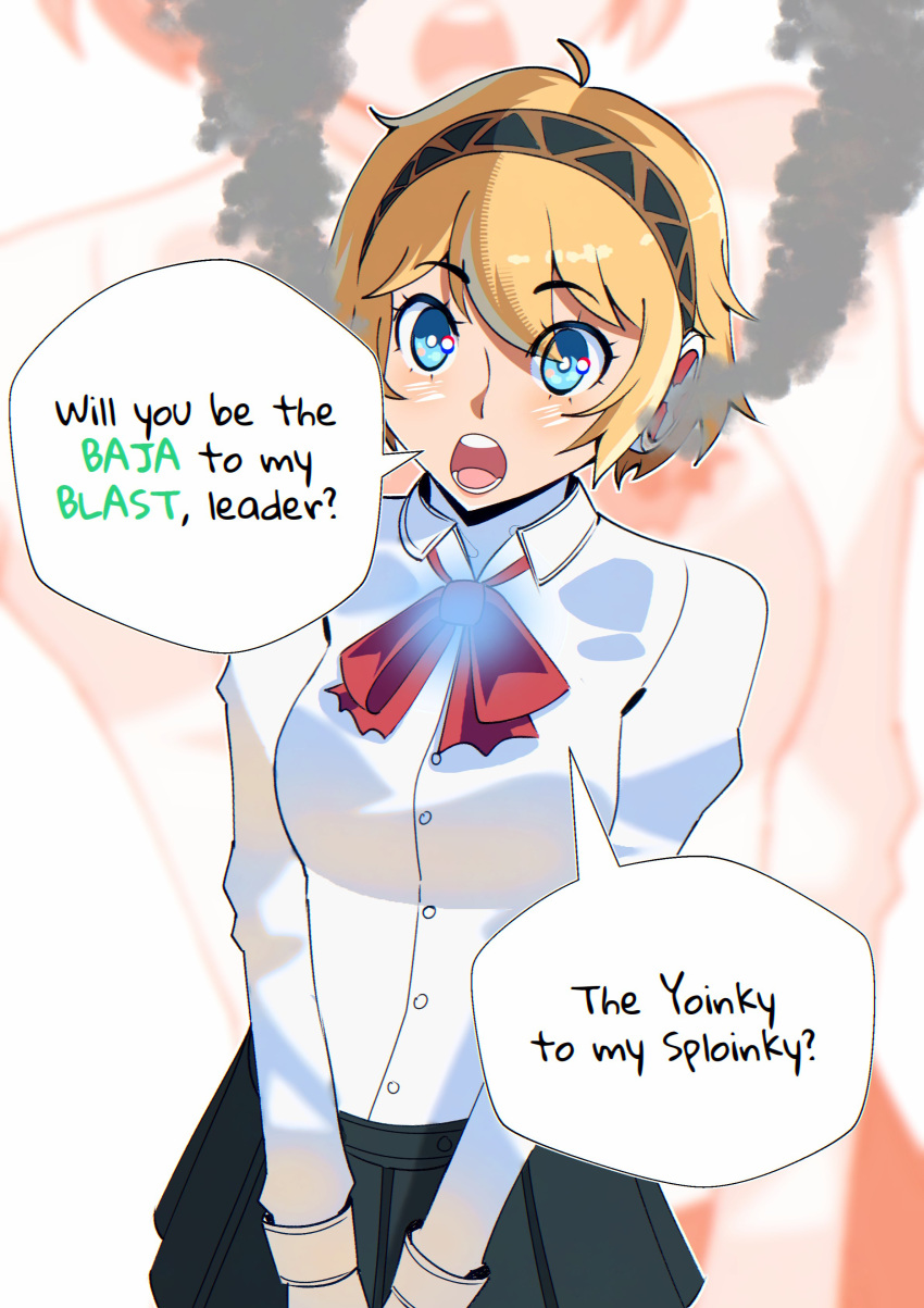 Safebooru - 1girl absurdres aigis (persona) android black skirt blonde hair blue eyes bow bowtie ...