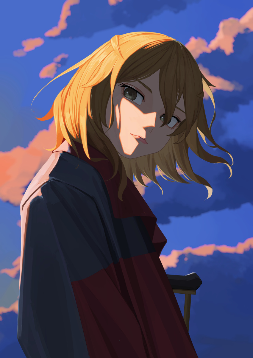 Safebooru - 1girl absurdres blonde hair closed mouth clouds cloudy sky crutch evening grey eyes ...