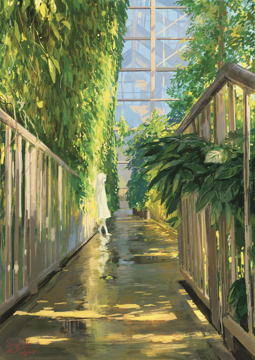 Safebooru - 1girl absurdres against railing barefoot building closed ...