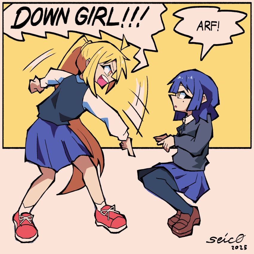 Safebooru - 2girls ahoge black shirt black thighhighs black vest blonde hair blue skirt bocchi ...