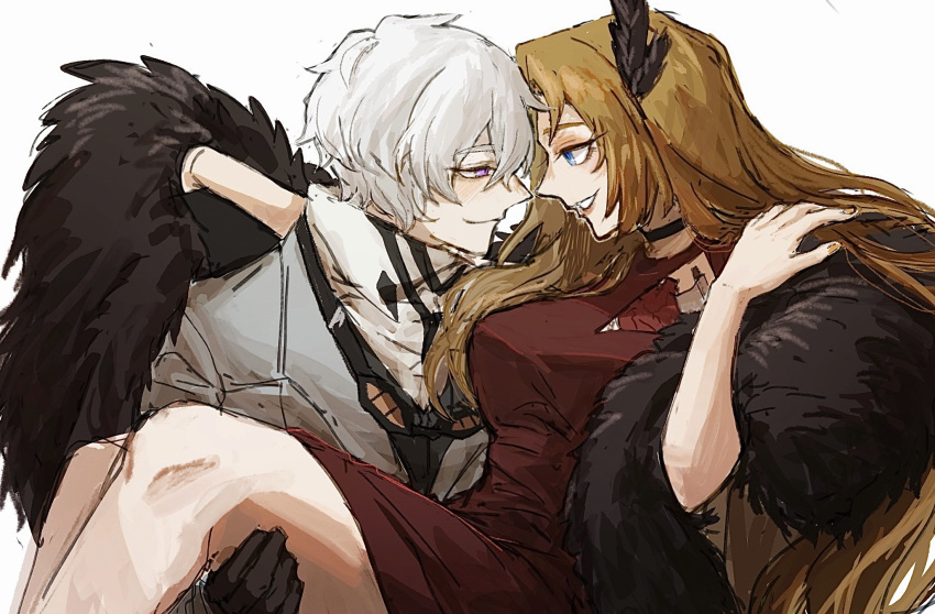 Safebooru - 1boy 1girl black feathers black gloves blush brown hair carrying chest tattoo ...
