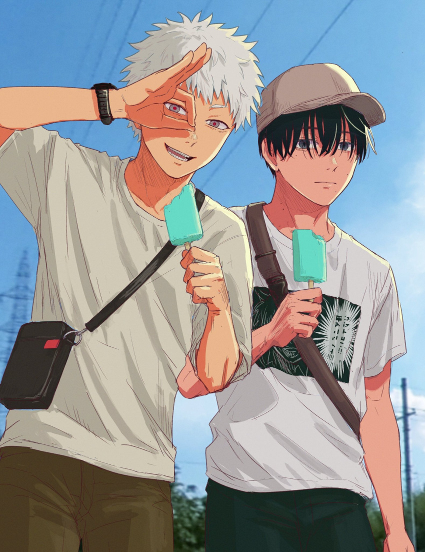 Safebooru - 2boys alternate costume baseball cap black hair blue sky ...
