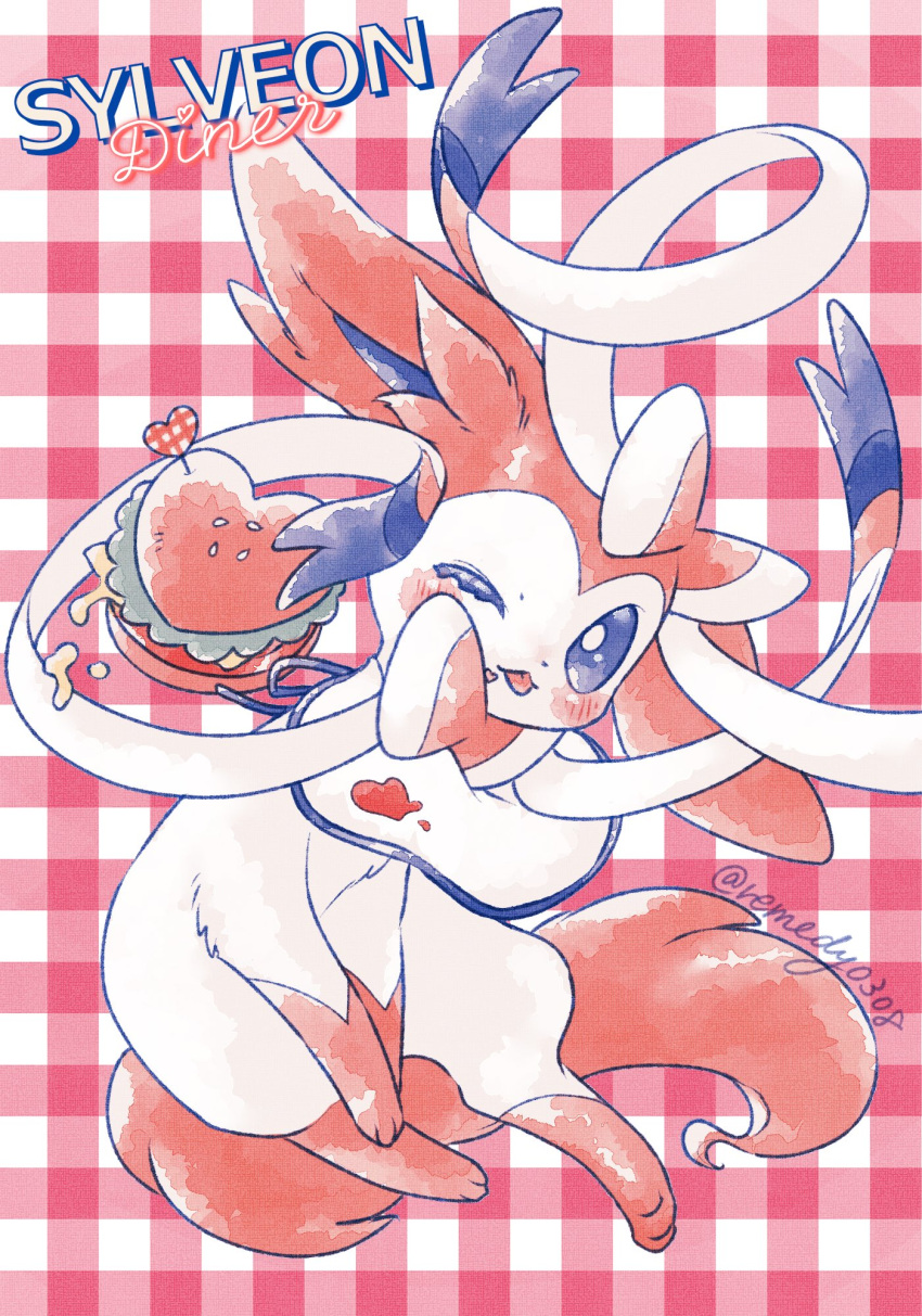 Safebooru - :3 bib blue eyes blush burger commentary request food full body highres ketchup no ...