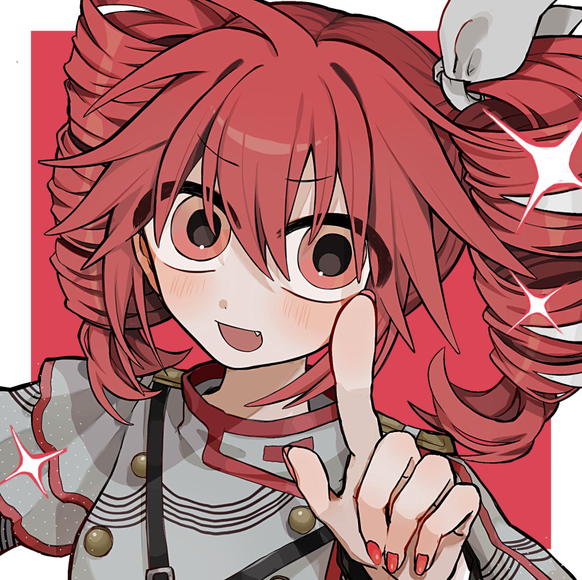 Safebooru - 1girl drill hair grey jacket hand up highres index finger ...