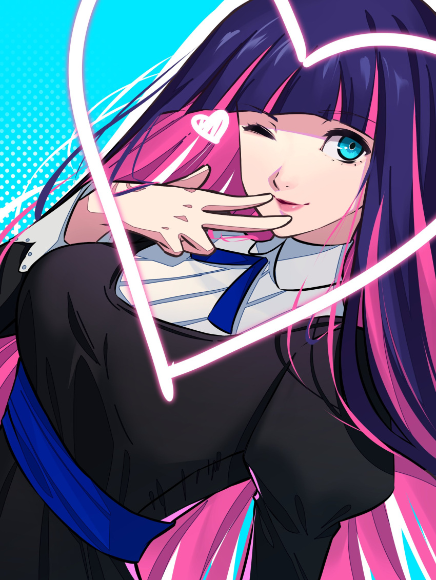 Safebooru - 1girl absurdres black dress blue background blue eyes blue hair blunt bangs breasts ...