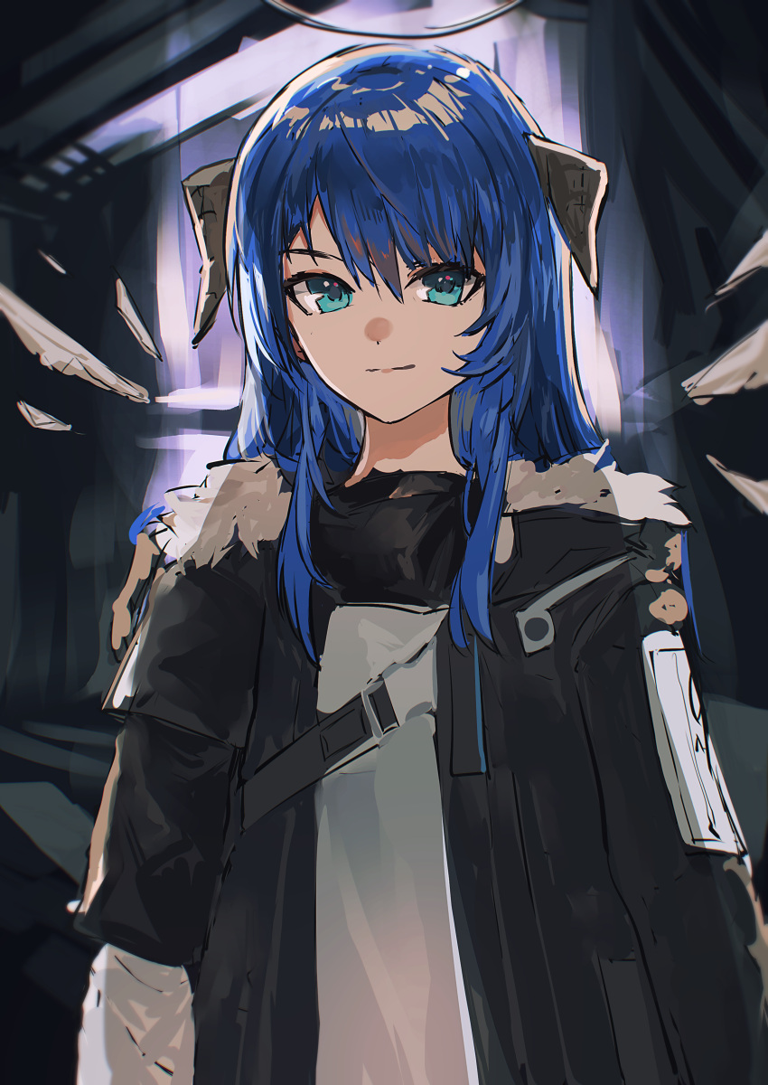 Safebooru - 1girl absurdres aqua eyes arknights black halo black horns black jacket blue hair ...