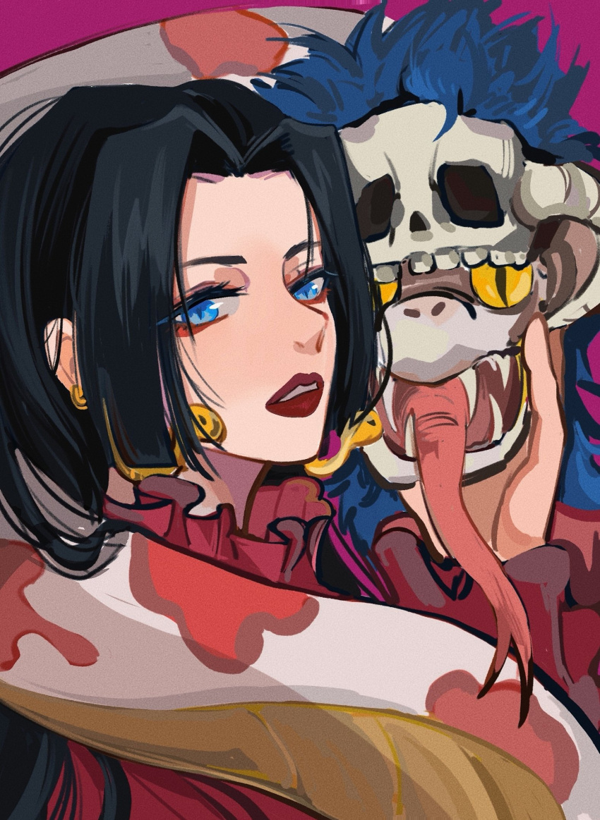 Safebooru - 1girl black hair blue eyes boa hancock commentary request earrings eyelashes fangs ...