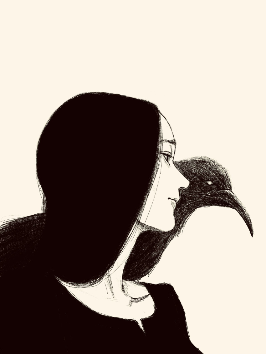 Safebooru - 1girl animal animal on shoulder bird black hair crow ...