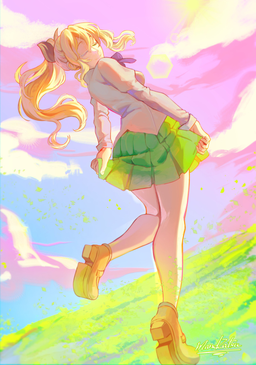 Safebooru - 1girl absurdres blonde hair blue sky breasts brown shoes closed eyes closed mouth ...