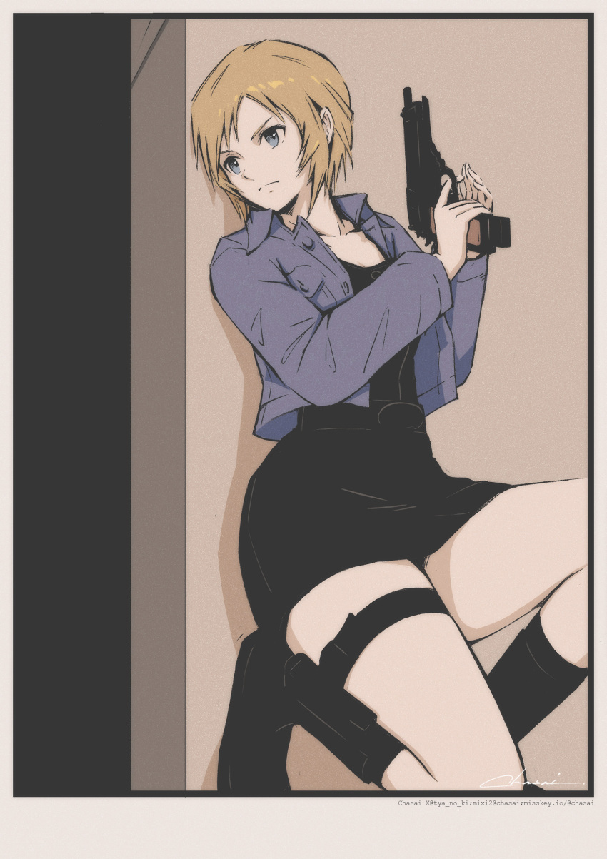 Safebooru - 1girl absurdres aya brea black boots black shirt black skirt blonde hair blue jacket ...