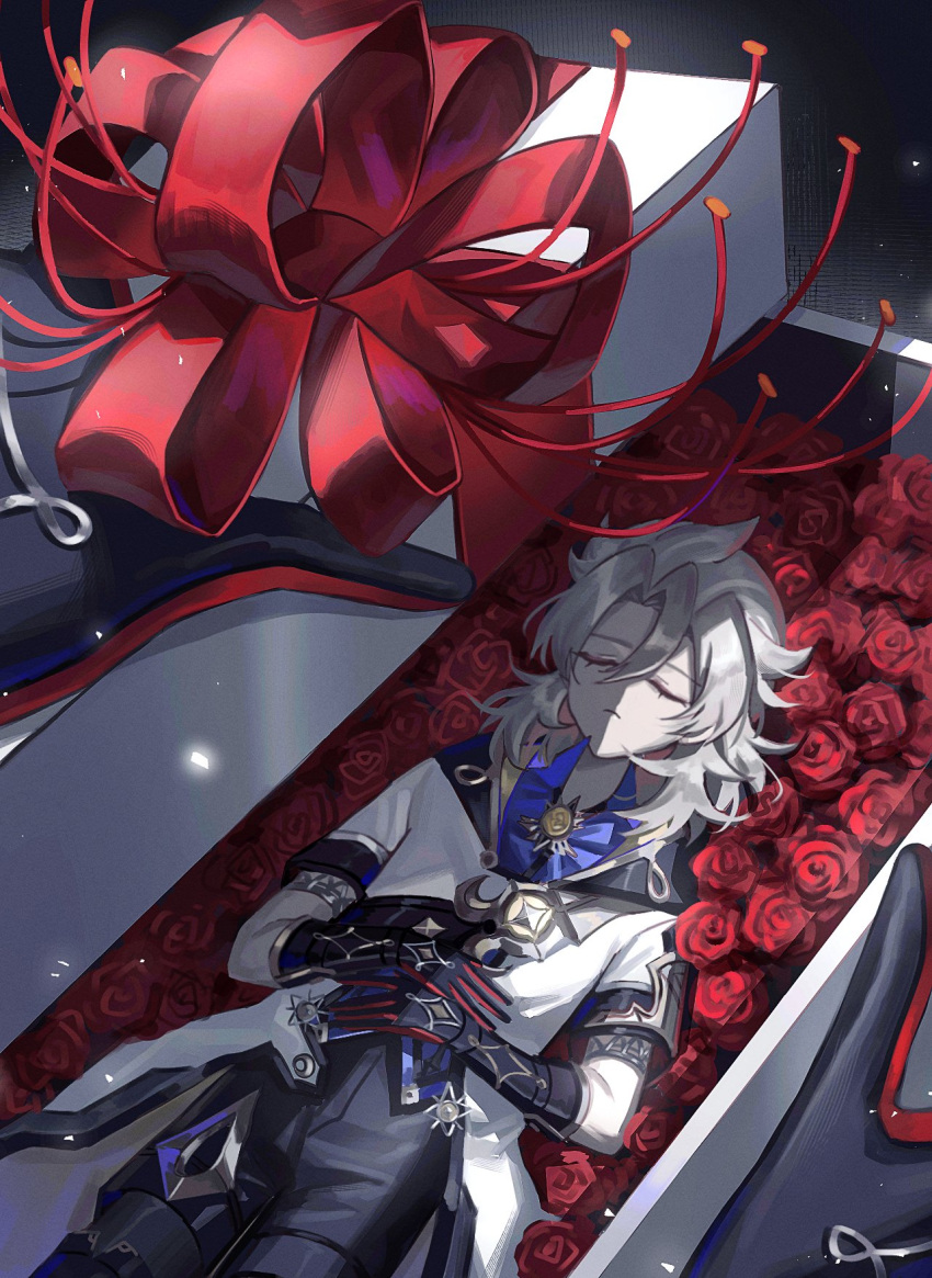 Safebooru - 2boys albedo (genshin impact) black gloves black shorts blonde hair blue shirt box ...