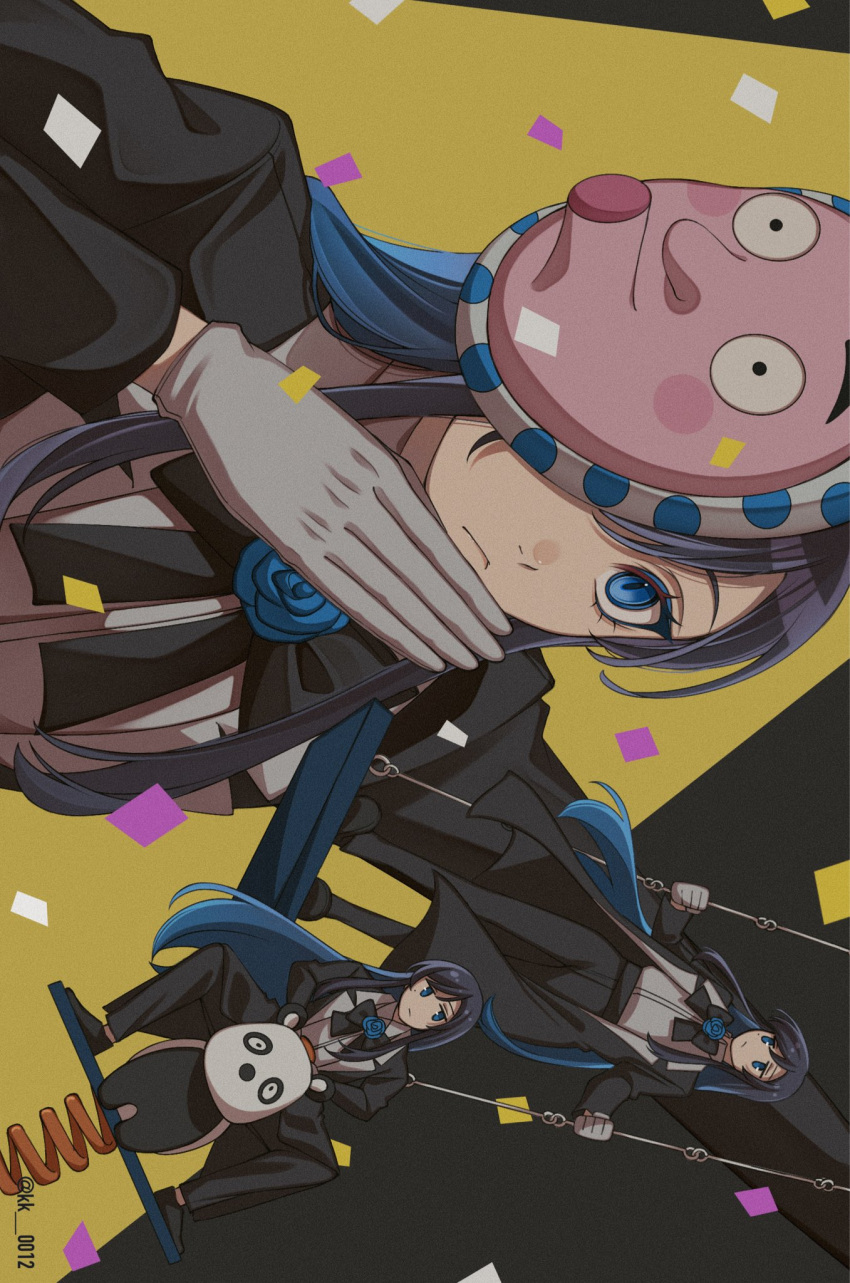 Safebooru - 1girl ado (utaite) black bow black bowtie black coat black pants blue eyes blue ...