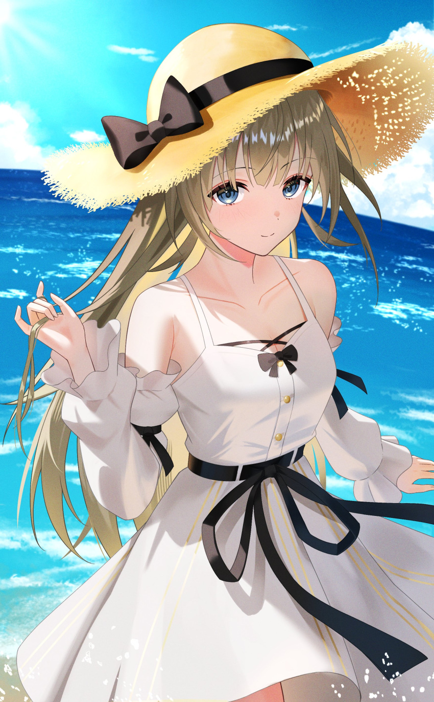 Safebooru - 1girl absurdres beach black bow blue eyes blush bow brown hair closed mouth ...