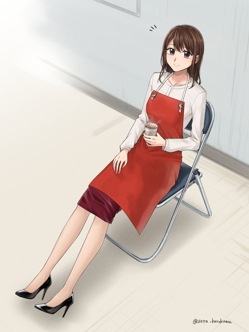 Safebooru - 1girl absurdres apron artist name black shoes brown hair chair closed mouth coffee ...